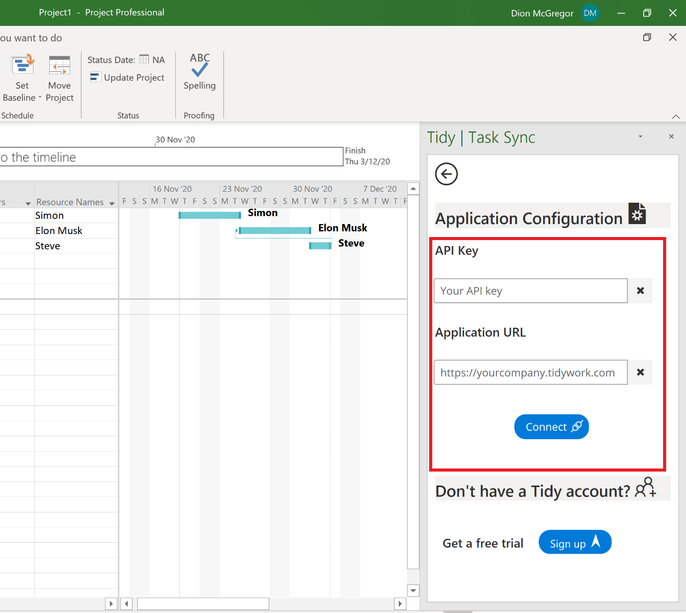 How to use Tidy's Microsoft Project Integration